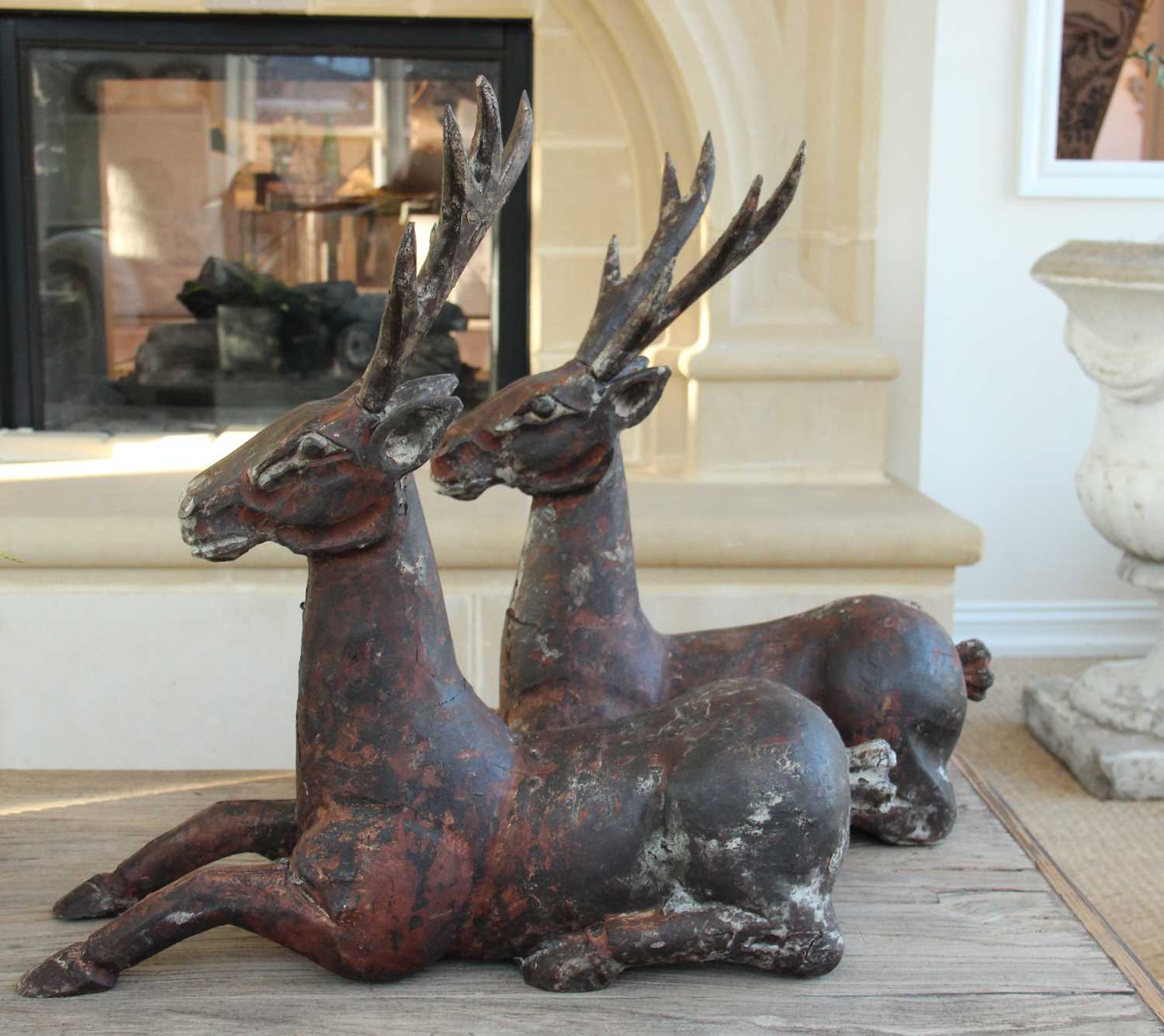 Antique Pair of Solid Wood Deer Statues - Maison & Co.